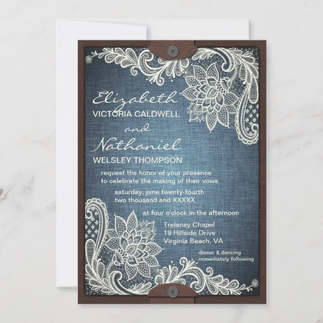 Rustic Denim Lace & Leather Wedding Invitation | Zazzle