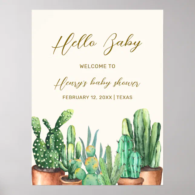 Rustic Desert Cactus Garden Baby Shower Welcome Poster | Zazzle
