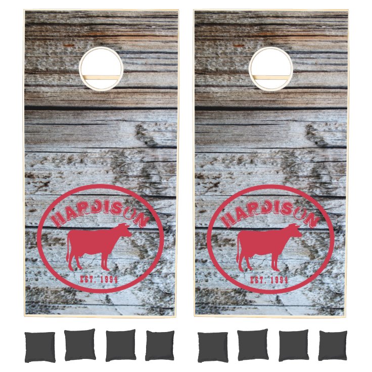 Rustic Distressed Barn Wood Steer Country Red Logo Cornhole Set | Zazzle