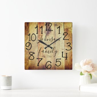 Rustic Distressed Faux Wood Custom Family Name Square Wall Clock | Zazzle