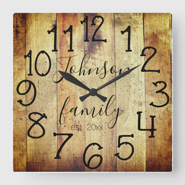 Rustic Distressed Faux Wood Custom Family Name Square Wall Clock | Zazzle