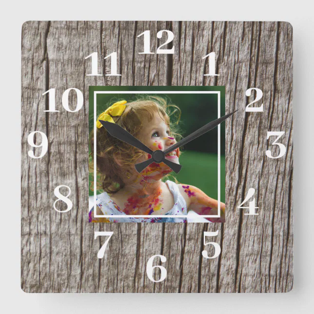 Rustic Distressed Wood Custom Photo Square Wall Clock | Zazzle