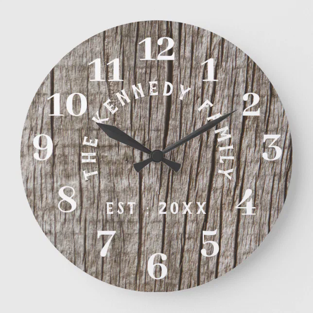 Rustic Distressed Wood Family Name Farmhouse Large Clock | Zazzle