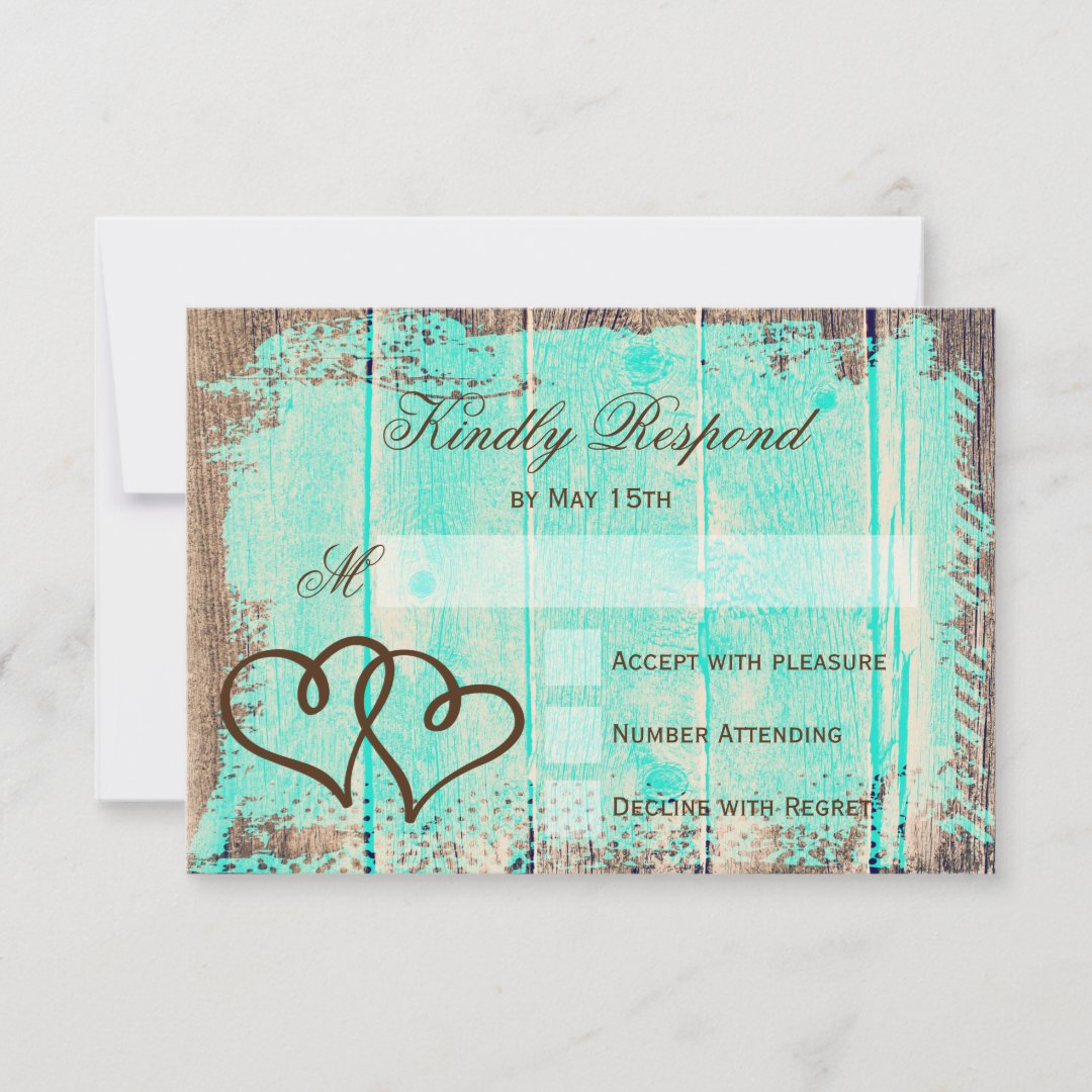 Rustic Double Hearts Aqua Wood Wedding RSVP Cards | Zazzle