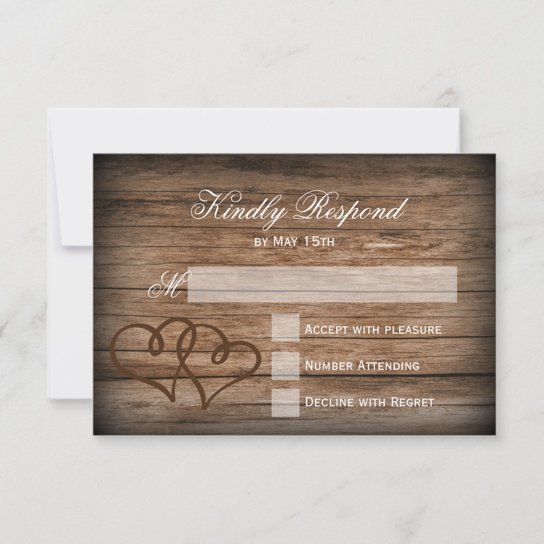 Rustic Double Hearts Wood Wedding RSVP Cards | Zazzle