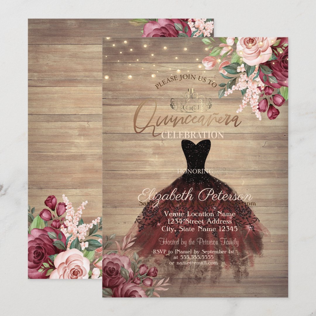Rustic Dress,Tiara,Lights Floral Wood Quinceañera Invitation | Zazzle