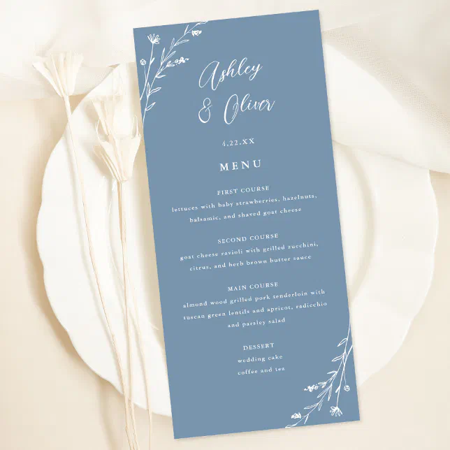 Rustic Dusty Blue Botanical Wedding Menu Card | Zazzle