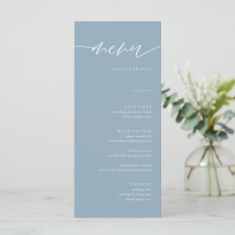 Rustic Dusty Blue Calligraphy Wedding Menu Cards | Zazzle