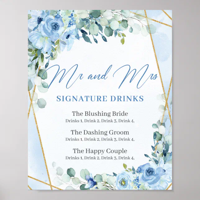 Rustic Dusty Blue Floral gold signature drinks Poster | Zazzle