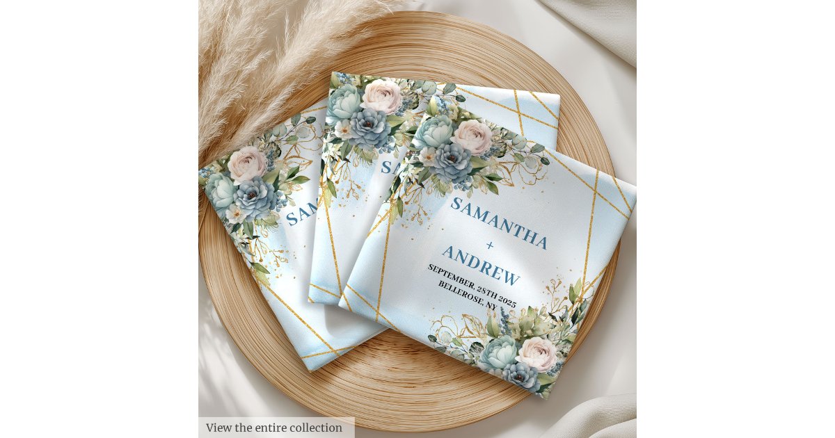 Rustic Dusty Blue Flowers and Gold Glitter Frame Cloth Napkin | Zazzle