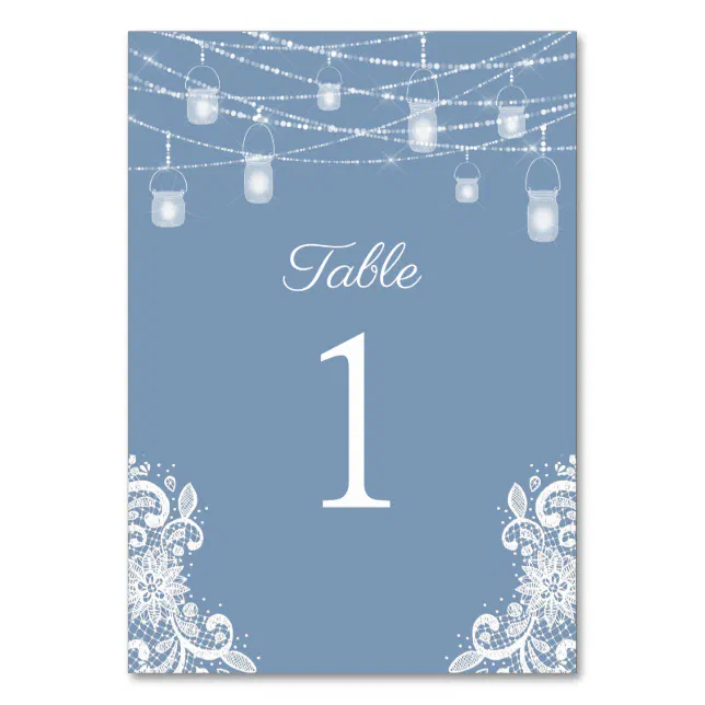 Rustic Dusty Blue Lights Wedding Table Number | Zazzle