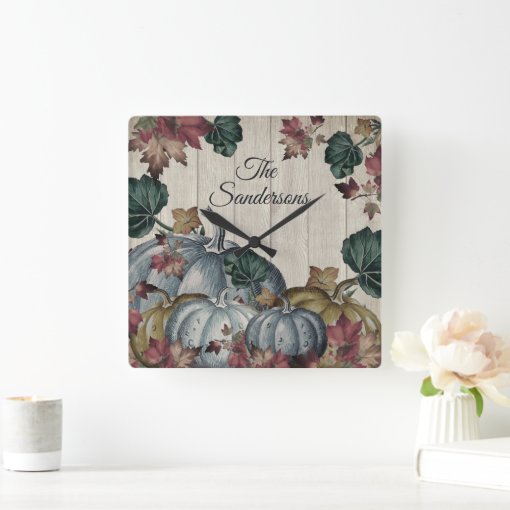 Rustic Dusty Blue Pumpkin Fall Leaves Wood Square Wall Clock | Zazzle