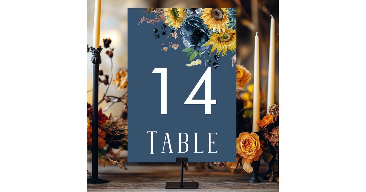 Rustic Dusty Blue Sunflowers Wedding Table Number | Zazzle