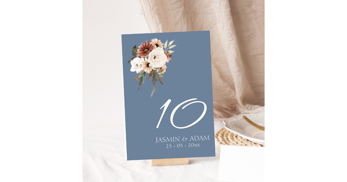 Rustic Dusty Blue Terracotta Floral Wedding Table Number | Zazzle