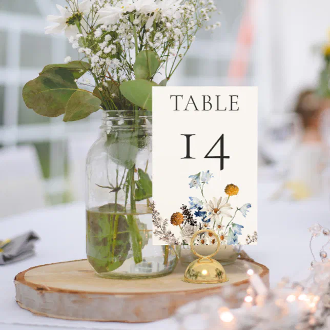 Rustic Dusty Blue Wildflowers & Daisies Wedding Table Number | Zazzle