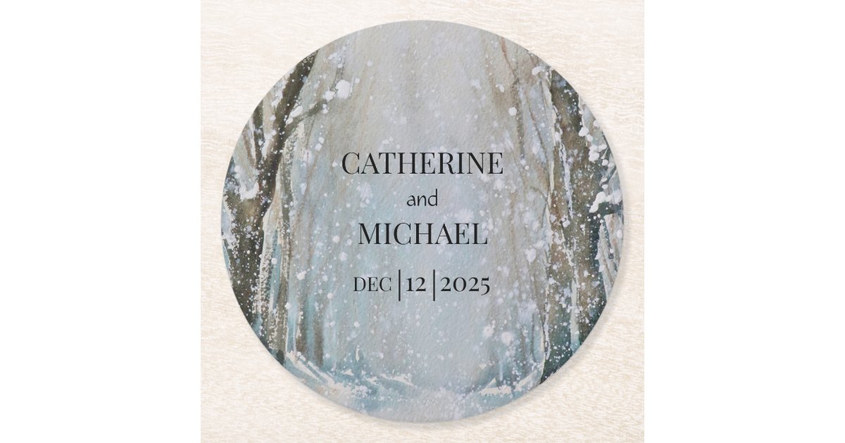 Rustic Dusty Blue Winter Forest Watercolor Wedding Round Paper Coaster ...