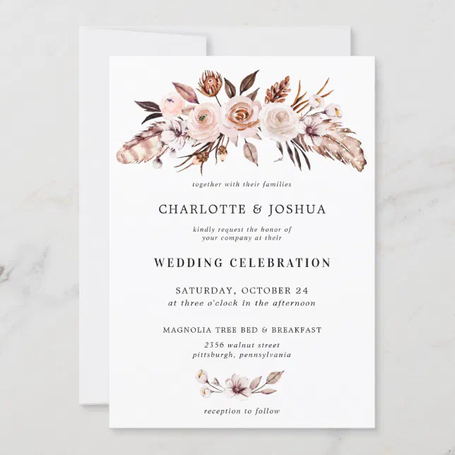 Rustic Earth-Tone Boho Floral Photo Invitation | Zazzle