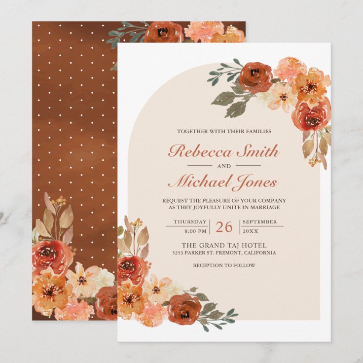 Rustic Earthy Burnt Orange Floral Arch Wedding Invitation | Zazzle