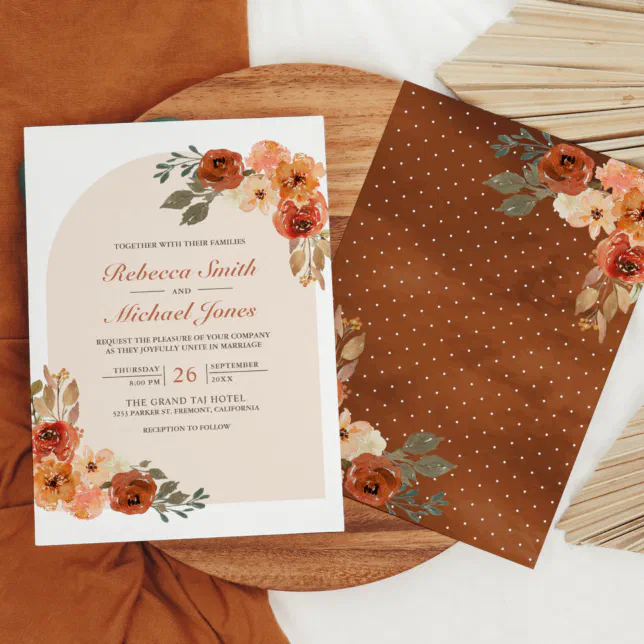 Rustic Earthy Burnt Orange Floral Arch Wedding Invitation | Zazzle