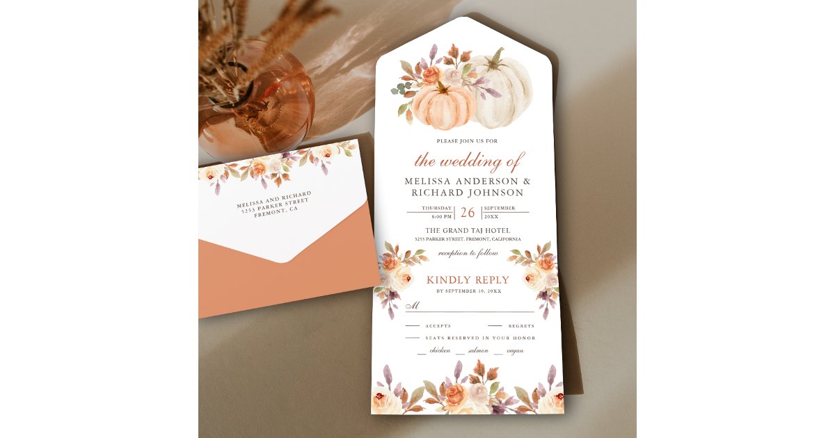 Rustic Earthy Dusty Peach Floral Pumpkin Wedding All In One Invitation ...