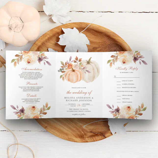 Rustic Earthy Dusty Peach Floral Pumpkin Wedding Tri-Fold Invitation ...
