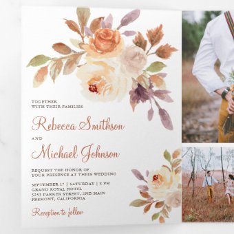 Rustic Earthy Dusty Peach Floral Wedding Tri-Fold Invitation | Zazzle