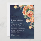 Rustic Earthy Peach Floral Navy QR Code Wedding Invitation | Zazzle