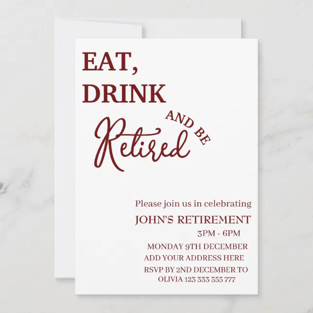 Rustic Eat, Drink And Be Retired Funny Retirement Invitation | Zazzle