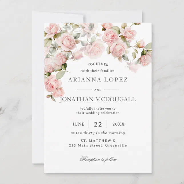 Rustic Elegance Blush Pink Roses Floral Wedding Invitation | Zazzle
