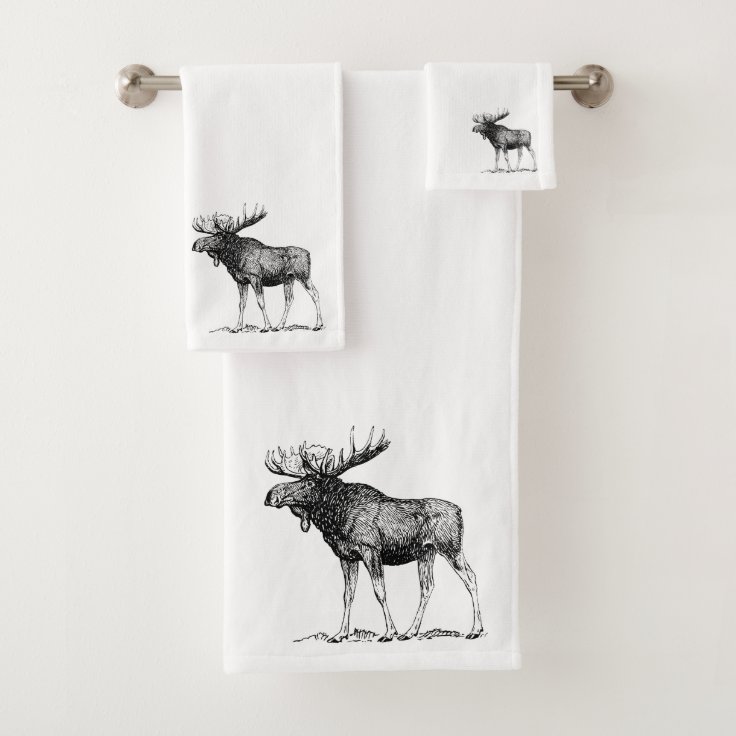 Rustic Elegant Black & White Moose Illustration Bath Towel Set | Zazzle