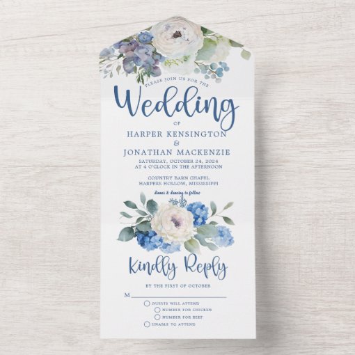 Rustic Elegant Blue Floral Wedding All In One Invitation | Zazzle