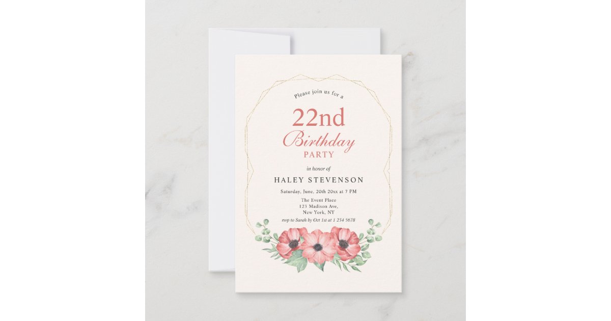 Rustic Elegant Blush Pink Floral 22nd Birthday Invitation | Zazzle