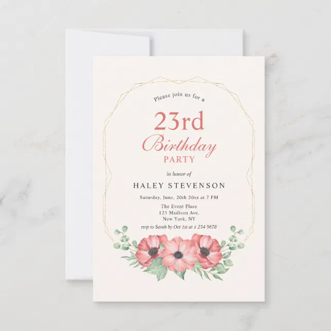 Rustic Elegant Blush Pink Floral 23rd Birthday Invitation | Zazzle