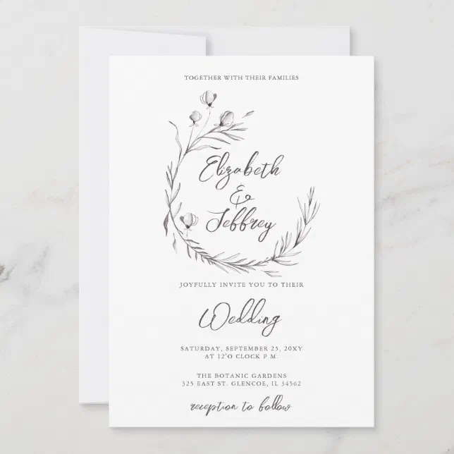 Rustic Elegant Floral Sketch Wedding Invitation | Zazzle