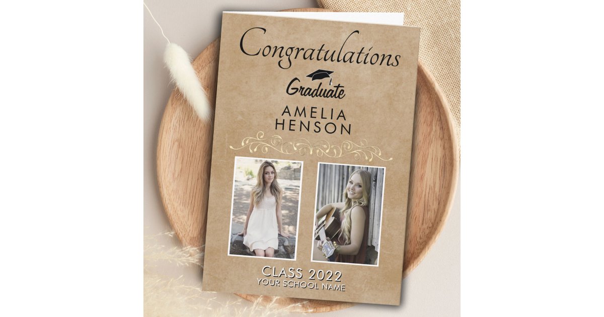 Rustic Elegant Gold Ornament 2 Photo Graduation Card | Zazzle