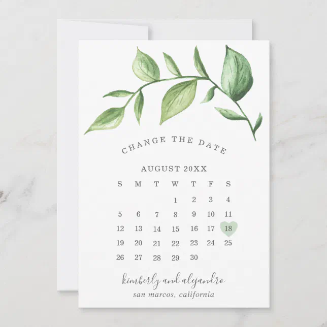Rustic Elegant Greenery Calendar Change the Date Announcement | Zazzle