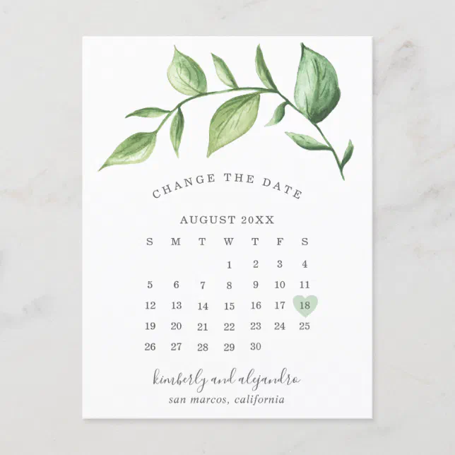Rustic Elegant Greenery Calendar Change the Date Announcement Postcard ...