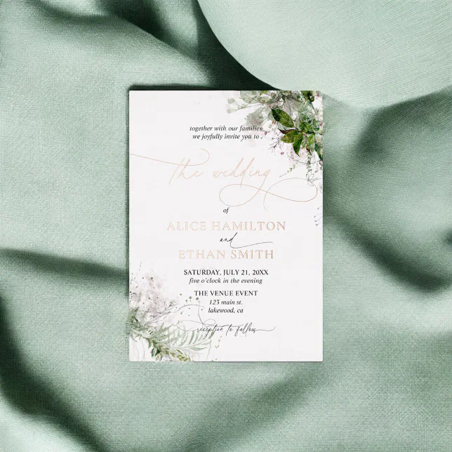 Rustic Elegant Greenery Script Wedding Foil Invitation | Zazzle