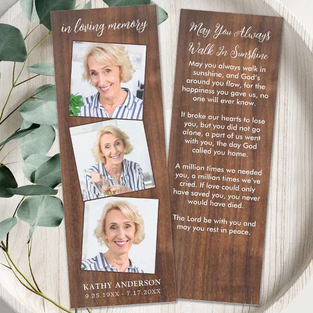 Rustic Elegant Memorial Custom 3 Photo Funeral Bookmarks | Zazzle