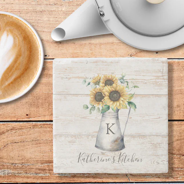 Rustic Elegant Monogram Sunflower Eucalyptus Stone Coaster | Zazzle