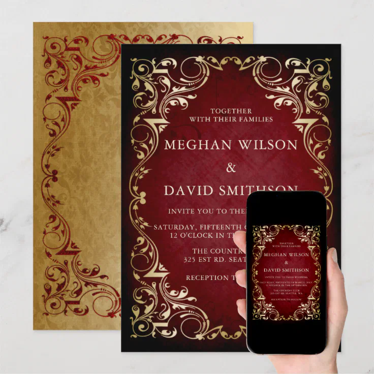 Rustic Elegant Ornamental Red Gold Wedding Invitation | Zazzle