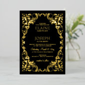 Rustic Elegant Ornate Frame Black Wedding Foil Invitation | Zazzle