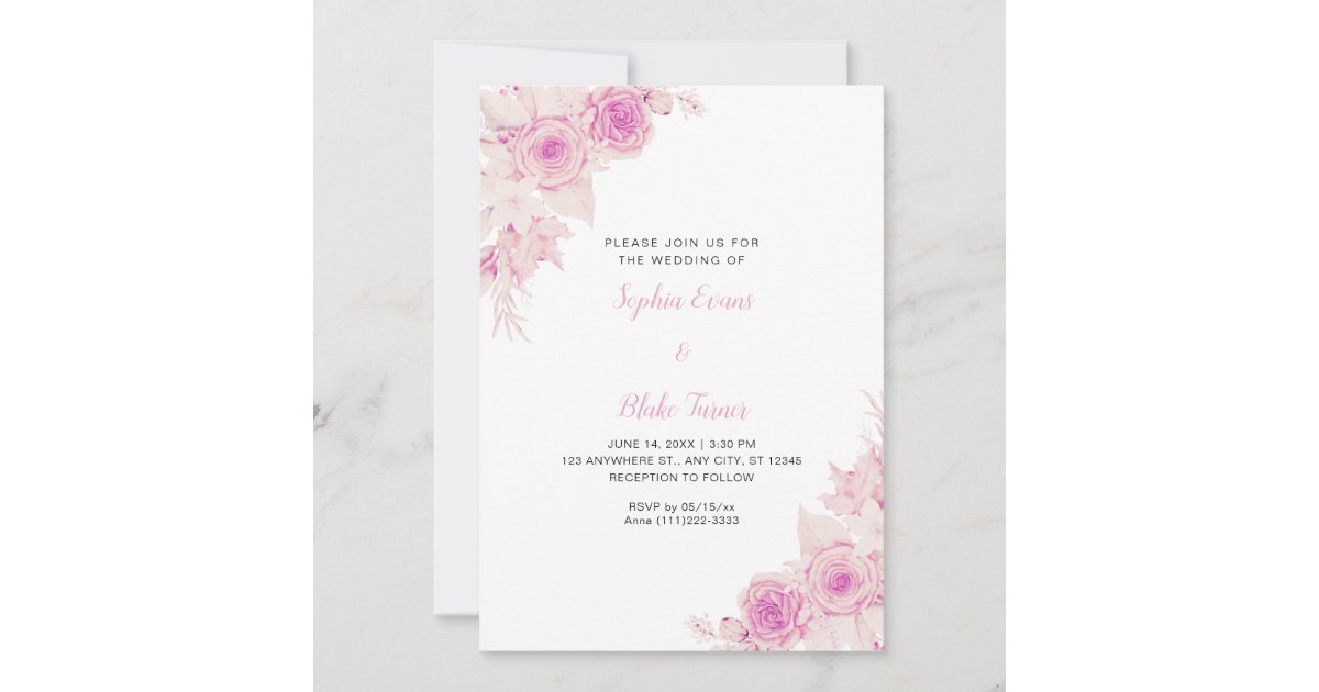 Rustic Elegant Pink Roses Fall White Wedding Invitation | Zazzle