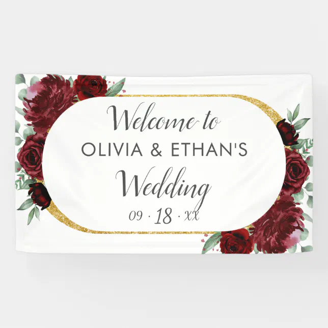 Rustic Elegant Red Rose Floral Gold White Wedding Banner | Zazzle