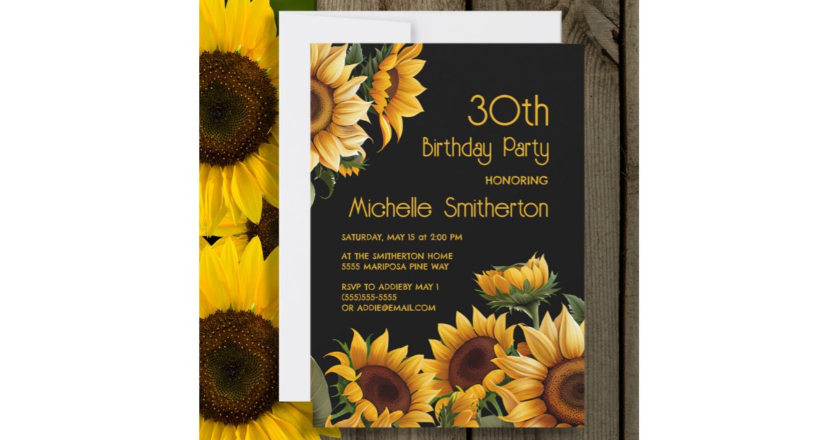 Rustic Elegant Sunflowers Black 30th Birthday Invitation | Zazzle