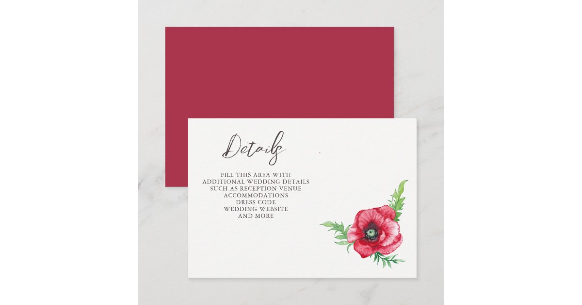 Rustic Elegant Watercolor Script Red Poppy Wedding Enclosure Card | Zazzle