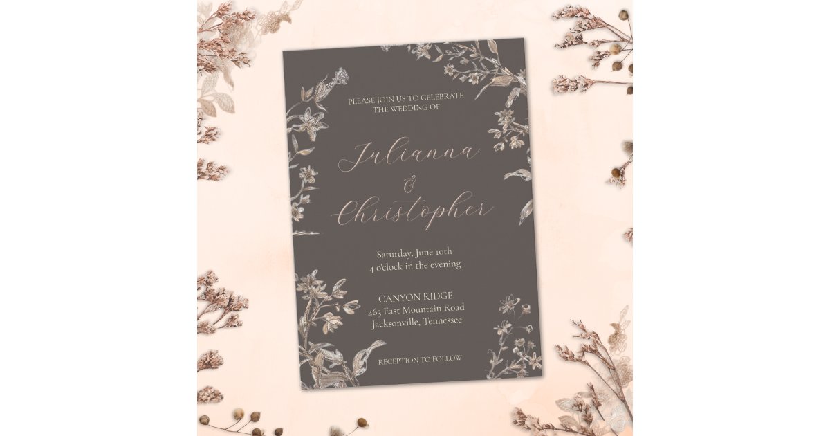 Rustic Elegant Wildflowers Mocha Script Wedding Invitation | Zazzle