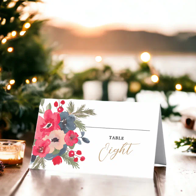 Rustic Elegant Winter Floral red green Place Card | Zazzle