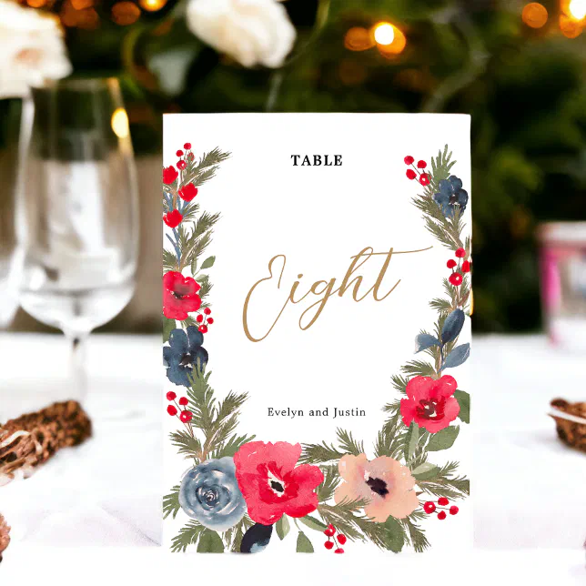 Rustic Elegant Winter Floral red green Table Number | Zazzle