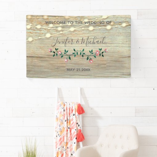 Rustic elegant wooden string lights roses banner | Zazzle